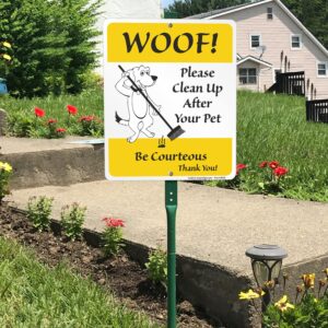 smartsign 12" x 10" 'woof please clean up after your pet, be courteous, thank you' lawn yard sign with 3 ft stake, 40 mil laminated aluminum, yellow, black and white, set of 1, usa-made