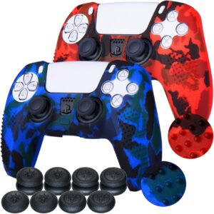 yorha studded printing silicone cover skin case for ps5 controller x 2(red+blue) with pro thumb grips x 8