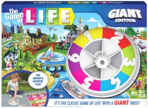 the game of life, giant edition family board game indoor/outdoor fun game with big oversized gameboard cards spinner, for adults and kids ages 8 and up