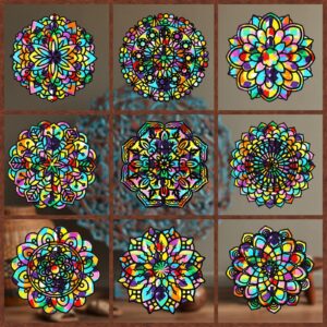 18 pack colorful mandala window clings diy kit stained glass kits for adults suncatchers for windows arts and crafts diy for adults mandala sun catcher for beginner teens, 6 x 6 inches