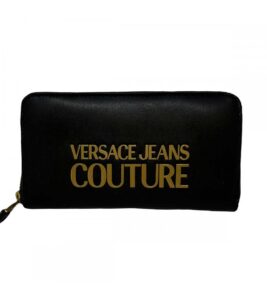 versace jeans couture woman's wallet 72va5pa1 in black faux leather with zip around and metal logo