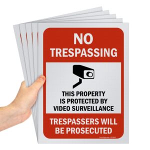 smartsign (pack of 5) 12 x 9 inch “no trespassing - property protected by video surveillance” sign, screen printed, 10 mil polystyrene plastic, red/black on white, made in usa