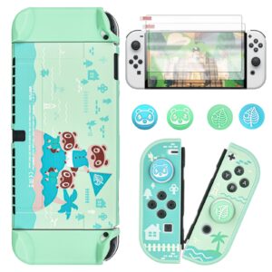 dlseego animal crossing switch oled case protective cover dockable hard shell joy con skin accessory with 4pcs thumb grips caps and 2pc screen protectors