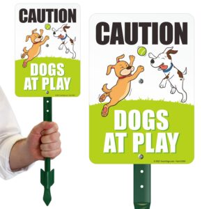 smartsign 10 x 7 inch “caution - dogs at play” lawnpuppy yard sign with 18 inch stake, 40 mil aluminum, laminated engineer grade reflective, multicolor, set of 1, made in usa