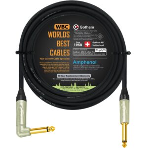 20 foot - gotham gac-1 ultra pro (black) - premium, low-capacitance (21 pf/f) guitar bass instrument cable - amphenol qm2r-au & qm2p-au ¼ inch (6.35mm) gold ts connectors