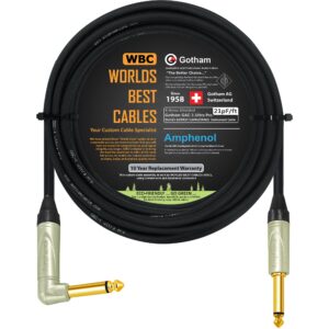 50 foot - gotham gac-1 ultra pro (black) - premium, low-capacitance (21 pf/f) guitar bass instrument cable - amphenol qm2r-au & qm2p-au ¼ inch (6.35mm) gold ts connectors