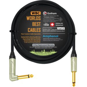 12 foot - gotham gac-1 ultra pro (black) - premium, low-capacitance (21 pf/f) guitar bass instrument cable - amphenol qm2r-au & qm2p-au ¼ inch (6.35mm) gold ts connectors