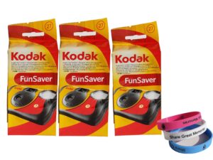 kodak funsaver disposable camera 800 iso 35mm with flash 27 exposures (pack of 3) plus free silicon wrist bands