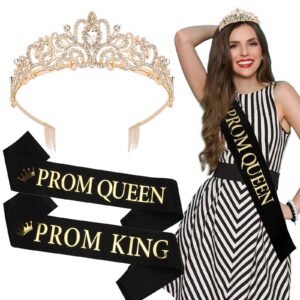 prom king and queen crown set, prom king and queen sashes gold queen crown, prom decorations school prom, graduation party school party accessories, black satin sash with gold print