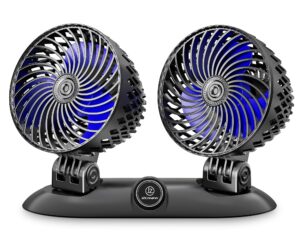 jzcreater car fan - dual head usb desk & portable vehicle cooling fan with variable speed & 360°rotation for car dashboard, suv, rv, truck, sedan, cruise & office use, quiet & small fan, black blue