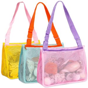 daikoye beach toy mesh beach bags - kids shell collecting bags sand toy totes with adjustable carrying straps–perfect fun for kids hunting shells in the sand (3 pack)