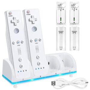 kulannder wii remote charging station, 4-in-1 controller charger station with 4 wii rechargeable battery pack & usb cable for wii/wii u controller remote (white)