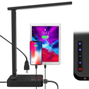 wood led desk lamp with 3 usb charging ports and 2 ac outlets,3 color temperatures & 3 brightness levels, touch/memory/timer function,10w eye protection foldable reading light,office table lamp wood