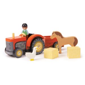 tender leaf toys - farmyard tractor - wooden tractor toy with removeable trailer, animals and accessories - open-ended play toy, farm pretend play for boys and girls - age 18m+