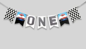 race car one highchair banner 1st birthday party decoration supplies for kids garland decorations baby boy checkered pennant cake smash milestone photo prop, multi, 6.5 * 4.5 inches flag