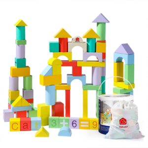 dorjee wooden building blocks, montessori blocks for toddlers 1-3, 7 stage-based development, 84pcs with cotton bag and gifted drum box