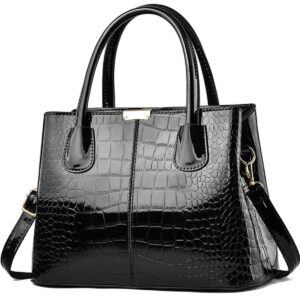 xingchen handbag and purse for women patent leather shoulder bag crocodile pattern top-handle satchel tote wallet(black)