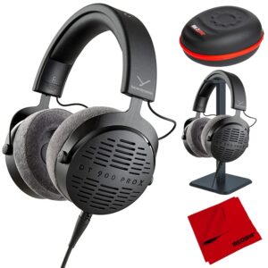 beyerdynamic 737704 dt 900 pro x open-back studio headphones for mixing & mastering bundle with deco gear full-sized headphone case, headphone stand and microfiber cleaning cloth