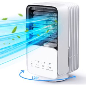 portable air conditioner fan, evaporative air cooler, usb personal desktop cooling fan with 3 speeds, led light, 120°oscillation, 2 mist adjustments as humidifier, small air cooler for room, bedroom