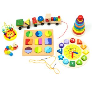 lmc products variety pack of 6 wooden toys - toys for toddlers 3 year old & up, stacking & lacing toys, fine motor skills toys, bead maze, educational shape puzzle