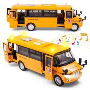 ming you school bus toy for toddlers - 9" die-cast pull back cars with sounds lights and openable doors, school bus toys for kids ages 4-8