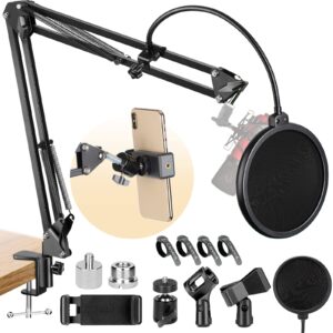 cahaya 2 in 1 microphone arm stand and phone stand with pop filter 2 mic clip and 3/8" to 5/8" adapter heavy duty adjustable suspension boom scissor microphone stand for blue yeti snowball cy0263-1