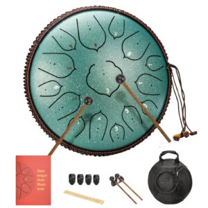 steel tongue drum 14 inches 15 notes hand pan drum rain drum percussion for meditation yoga musical education for adult& kids(lotus green)