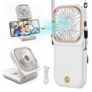 mq 5 in 1 mini portable fan, foldable personal fan with lanyard rechargeable 3 speed adjustable, as 3000mah power bank, handheld fan, neck fan, desk fan, phone holder, indoor outdoor small fan, white