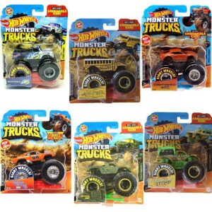 hot wheels monster trucks crushable car set of 6 diecast vehicles with bigfoot 45, dodge charger, camaro and more