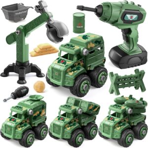 geyiie take apart toys for kids, army building truck with electric drill, stem toy diy assembly military vehicles construction tool toy gift for toddler 3-8