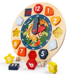 dorjee shape sorter teaching clock, learning time clock for kids , montessori toys with 12pcs removable number blocks, display holder included