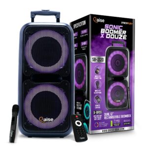 qaise portable bluetooth speaker & karaoke machine - portable pa system with wireless mic, professional dual 10” subwoofer with lights, 7h play time, 5000 watts peak power - sonicboomer x-bass