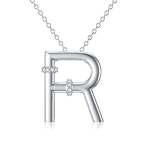 natural diamond initial necklace 14k white gold plated a-z letter r alphabet pendant 925 sterling silver jewelry gift for women wife mom girl (r)