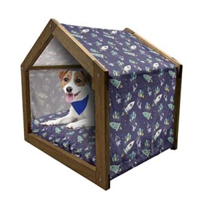 ambesonne party wooden pet house, starry space with balloons tied to rockets boys birthday celebration, indoor & outdoor portable dog kennel with pillow and cover, large, violet blue yellow