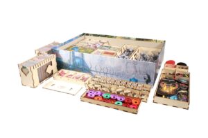 the broken token game organizer compatible with middara: unintentional malum - act 1 - wooden game organizing box with multiple trays