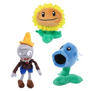 jhesao 3 pcs plants and zombies plush conehead zombies plants sets toy peashooter, 1 2 stuffed soft conehead zombie doll, sunflower pvz plush figure doll new