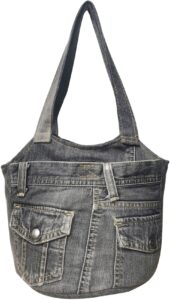 bdj upcycling blue denim jean round shape top-handle bucket handbag for women (round 5)