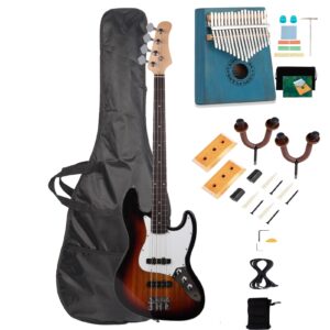 purelovee 45 inch electric bass guitars beginner kit, full size 4 strings bass guitar with gig bag, guitar hanger hook, finger hand piano, guitar strap, pick and guitar cable