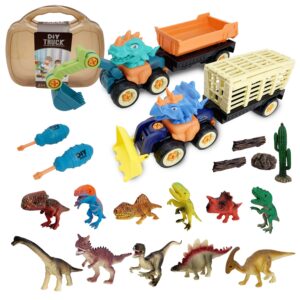 dinosaur truck toys, 2 pack dinosaur truck carrier playset with 11pcs mini dinosaur figures, dinosaur transport truck playset birthday party gifts for kids