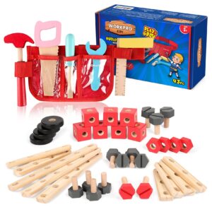 workpro wooden building toy tools set, 43 pcs building toy set creative&educational construction toy, great gift for toddlers 3+