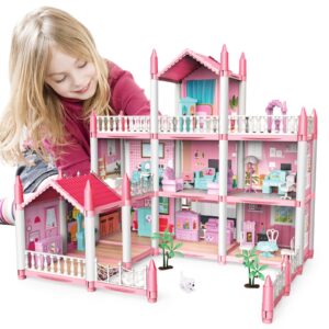 deao doll house dollhouse - 3 story 9 rooms pink diy pretend play building playset, dollhouse asseccories and furniture,gift for 6 7 8 9 girls toddler