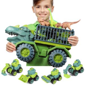 dinosaur carrier truck toys: burgkidz kids transport playset with 4 take-apart dino cars & 3 realistic dinos figures, excavator toy, friction powered cars toy gifts for kids boys girls 3 to 5 years