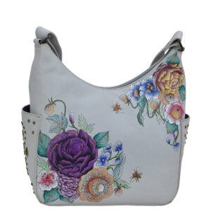 anuschka hand painted women’s genuine leather classic hobo with studded side pockets - floral charm