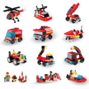 desooa mini building blocks fire truck sets, 12 boxes stem mini building toys with construction trucks fire trucks police cars plane for boys girls birthday