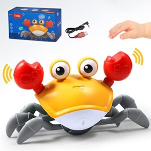 tiyol crawling baby crab toy, tummy time baby toys, sensing interactive walking dancing with music sounds & lights, infant fun birthday toddler boy girl (rechargable)