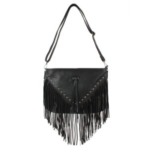 hoce women’s leather fringe messenger bag hobo crossbody tassel shoulder bags, black