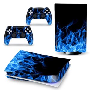 ps5 skin stickers full body vinyl skins wrap decals cover for ps5 disc edition console & controllers (blue flames)