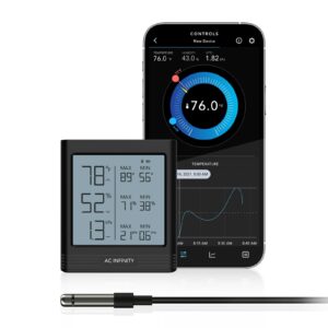 ac infinity cloudcom b1, temperature humidity vpd smart hygrometer with lcd display & bluetooth app monitor, climate gauge thermometer sensor probe for basements, guitar rooms, grow tents, greenhouses