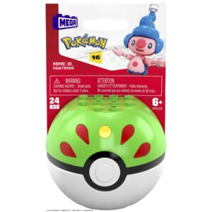 mega pokemon mime jr. building set with 24 compatible bricks and pieces and poke ball, toy gift set for ages 6 and up