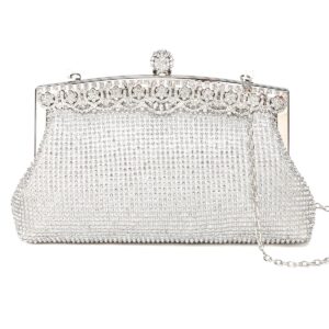 mogor women's rhinestone retro crystal clutch bling glitter wedding party bridal handbag elegant formal evening bag(silver)